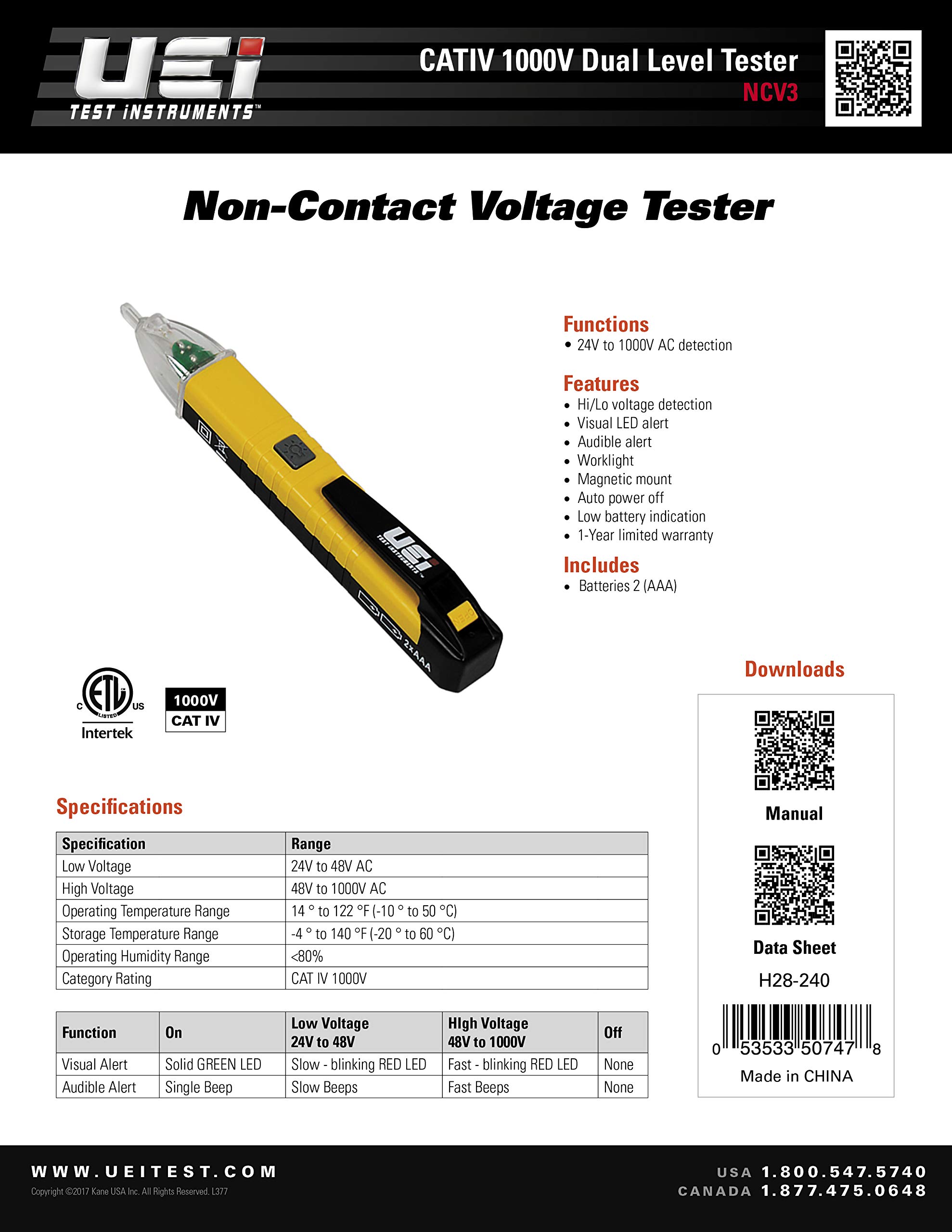 Uei Ncv3 Noncontact Voltage Detector 24 To 1000 Volts At The Test New