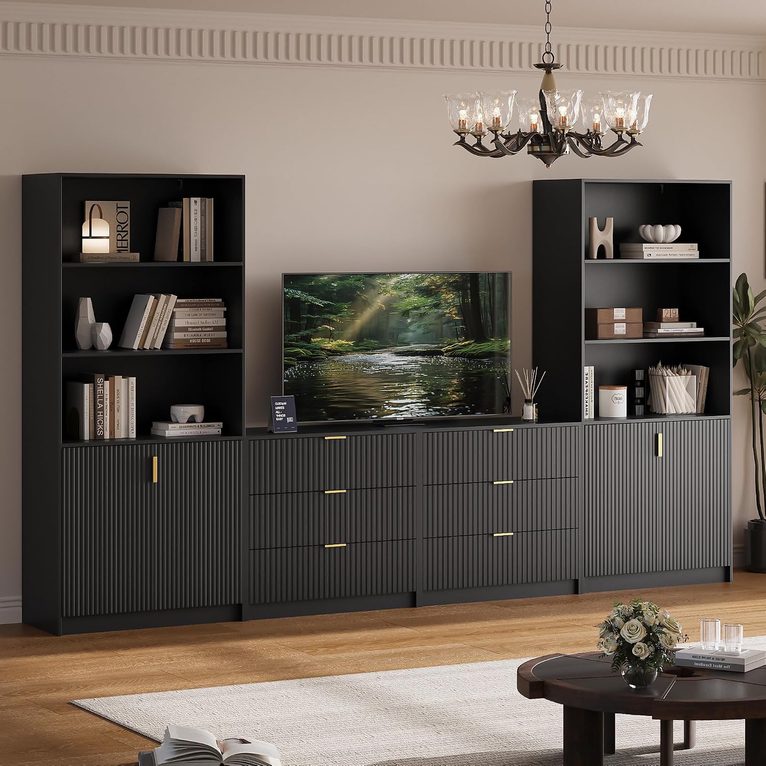 Amazon.com: Black 4-Piece Large TV Stand with 2 Bookshelves for TVs up ...