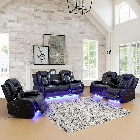 Amazon.com: Ocstta Power Leather Recliner Sofa Set with LED Lights ...