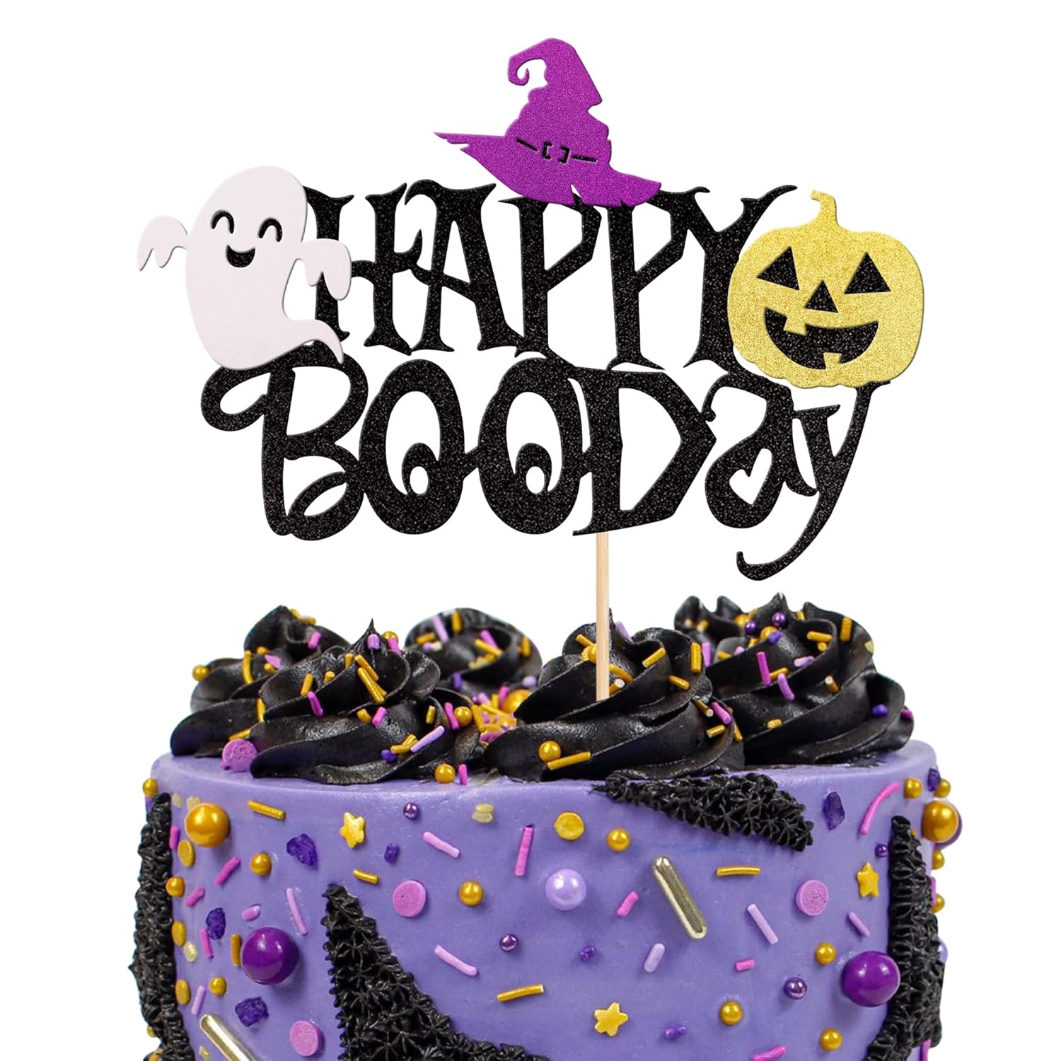 Amazon.com: 1 PCS Happy Boo Day Cake Topper Black Glitter Ghost Witch ...