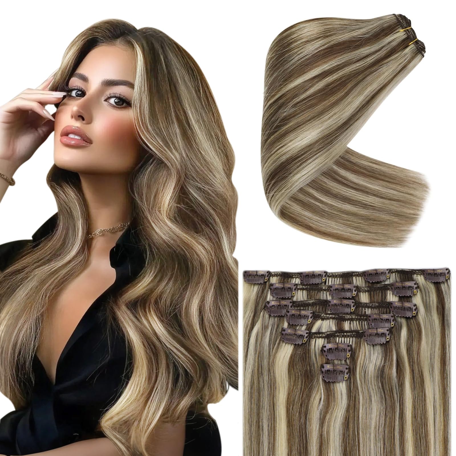 Amazon.com : Ve Sunny Clip in Human Hair Extensions Highlights 24inch ...