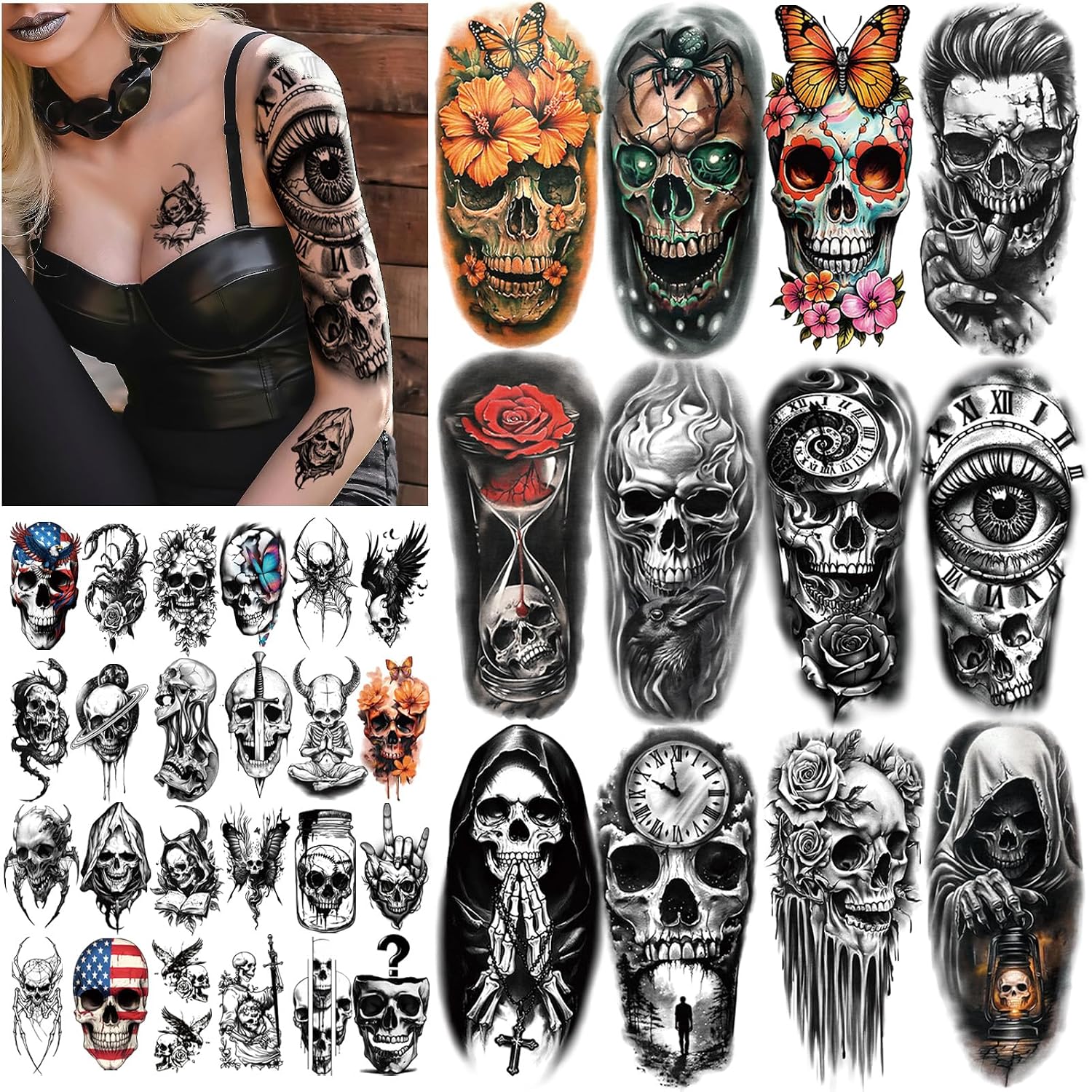 Amazon.com : 77 Sheets Black Skull Temporary Tattoos Adult Women Men ...