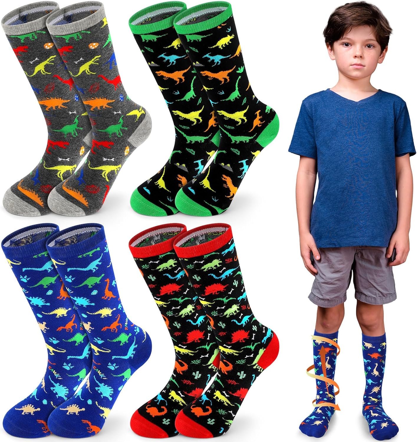 Amazon.com: Tisancy 4 Pairs Kids Compression Socks Dinosaur Compression ...