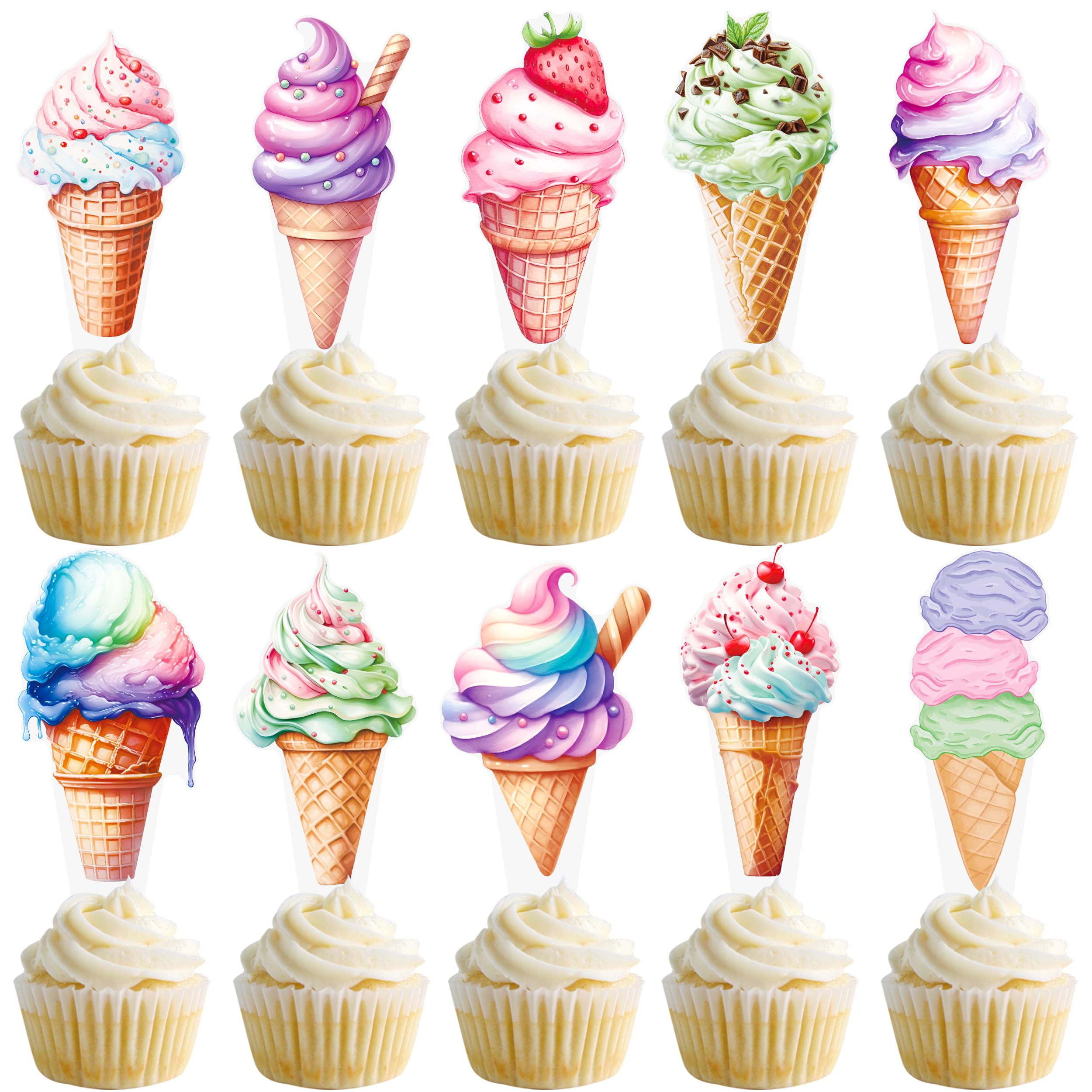 Amazon.com: Ice Cream Cupcake Toppers Summer 48Pcs Ice Cream Themed ...