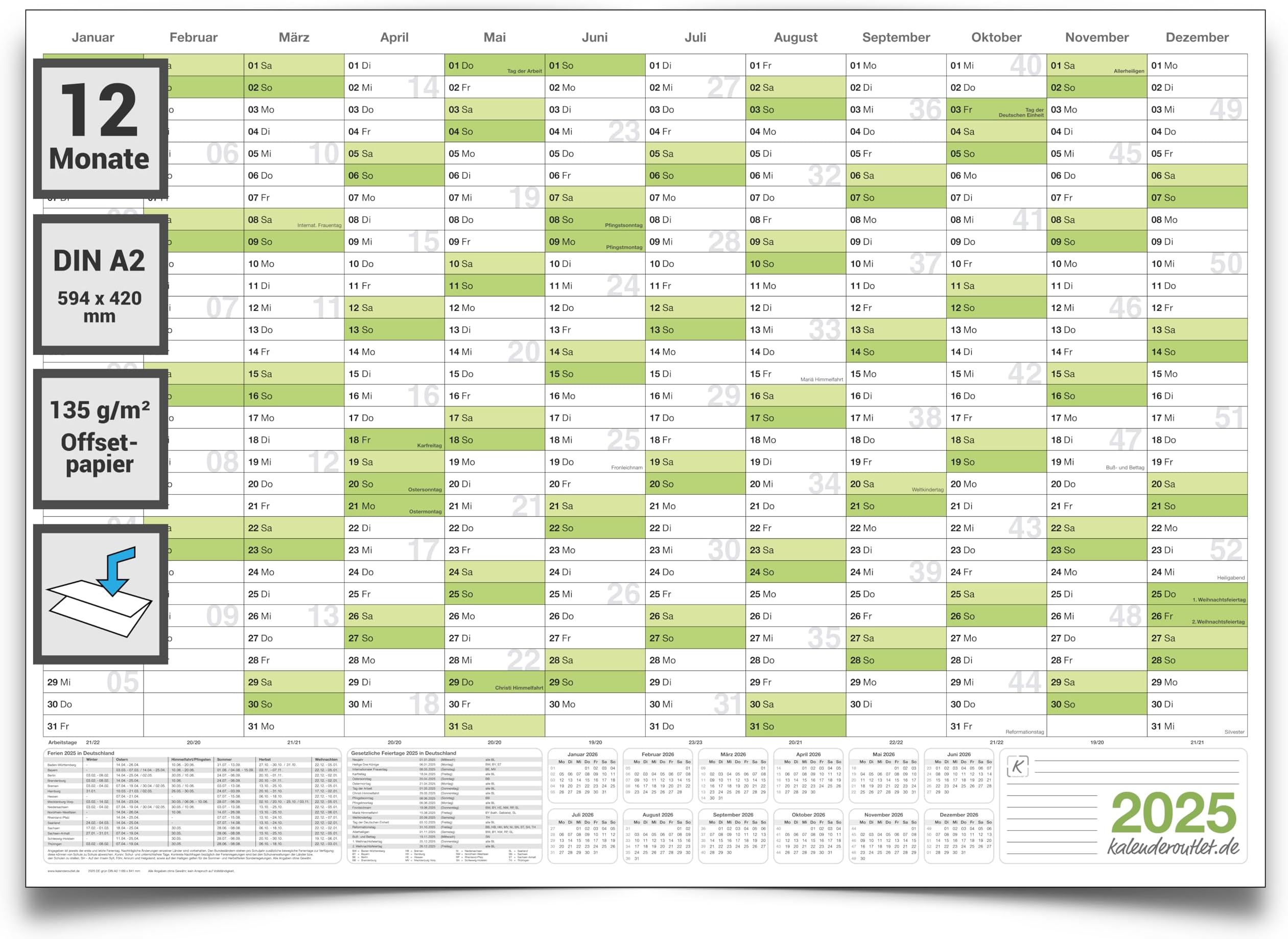 Wandkalender 2025 – Jahresplaner gefaltet (DIN A2 59,4 × 42,0 cm), ideal für Büro & Homeoffice ...