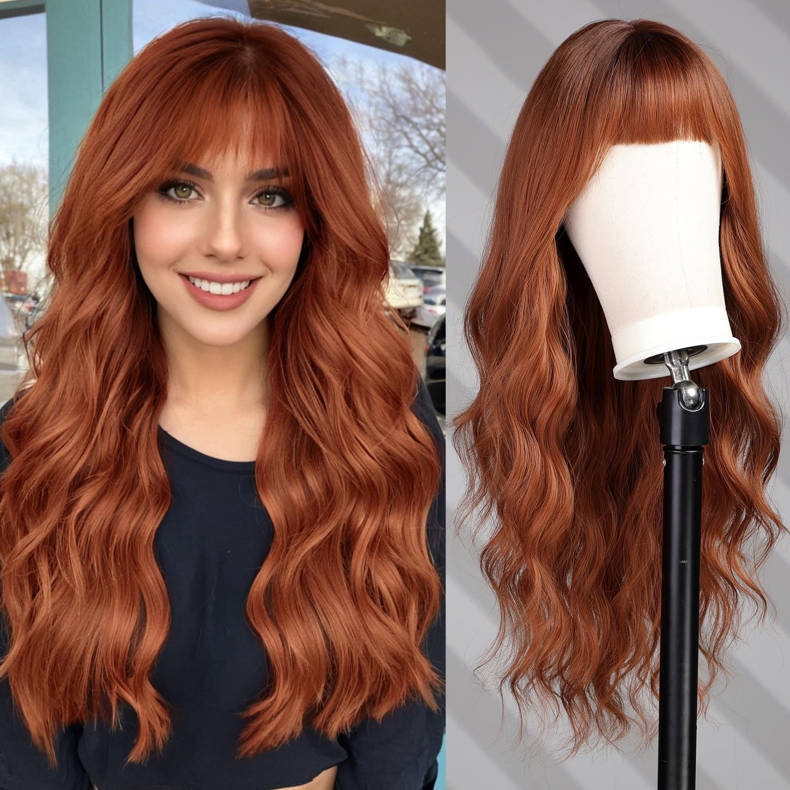 WOKESTAR Long Red Ginger Wigs for Women Synthetic Hair Wavy Wig with ...