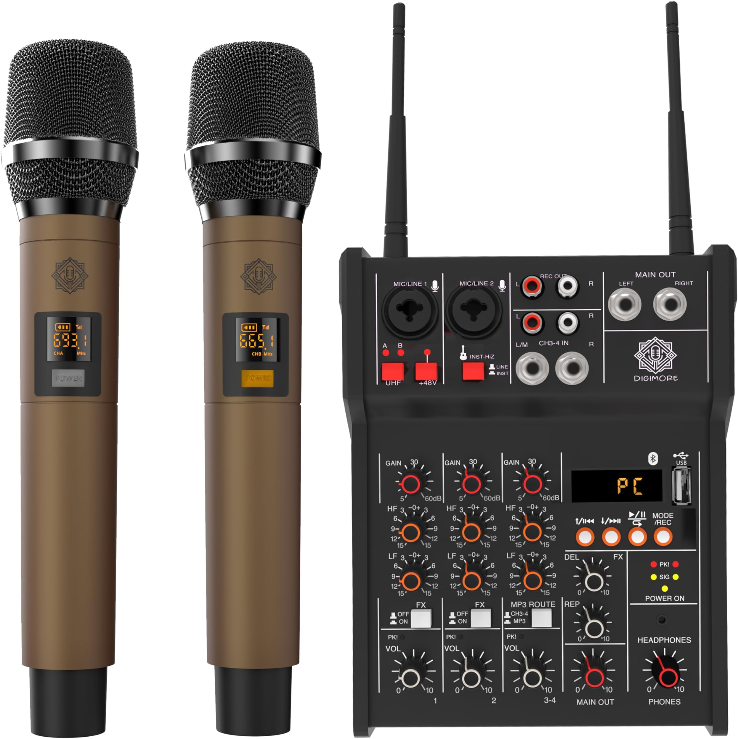 D-300 4 Channel Professional Audio Mixer With Dual Wireless Mic, Sound ...