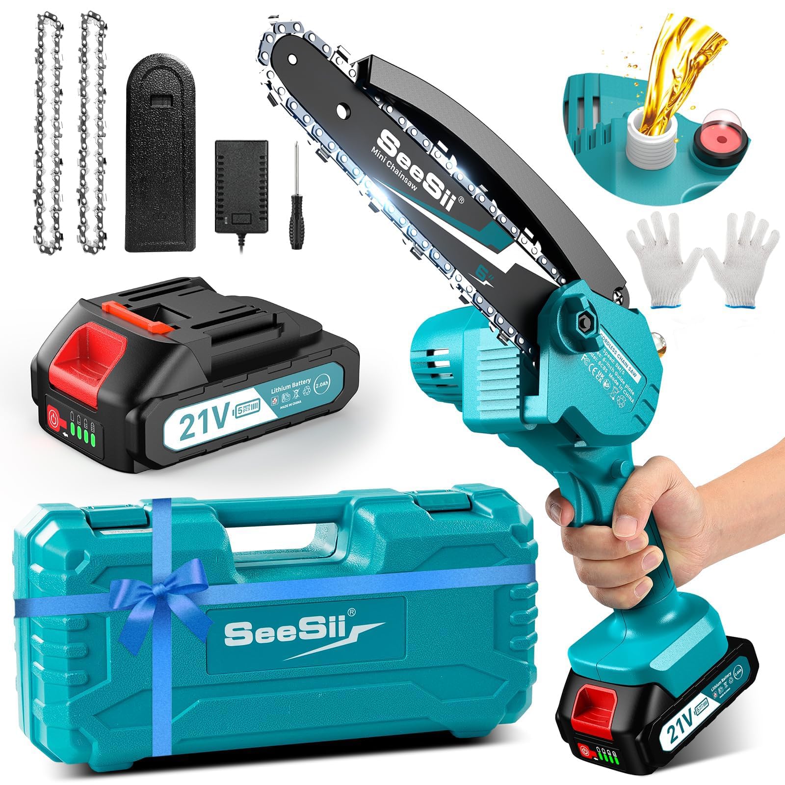 Seesii 6-inch Cordless Mini Chainsaw with Oiler, Electric Chainsaw scie ...
