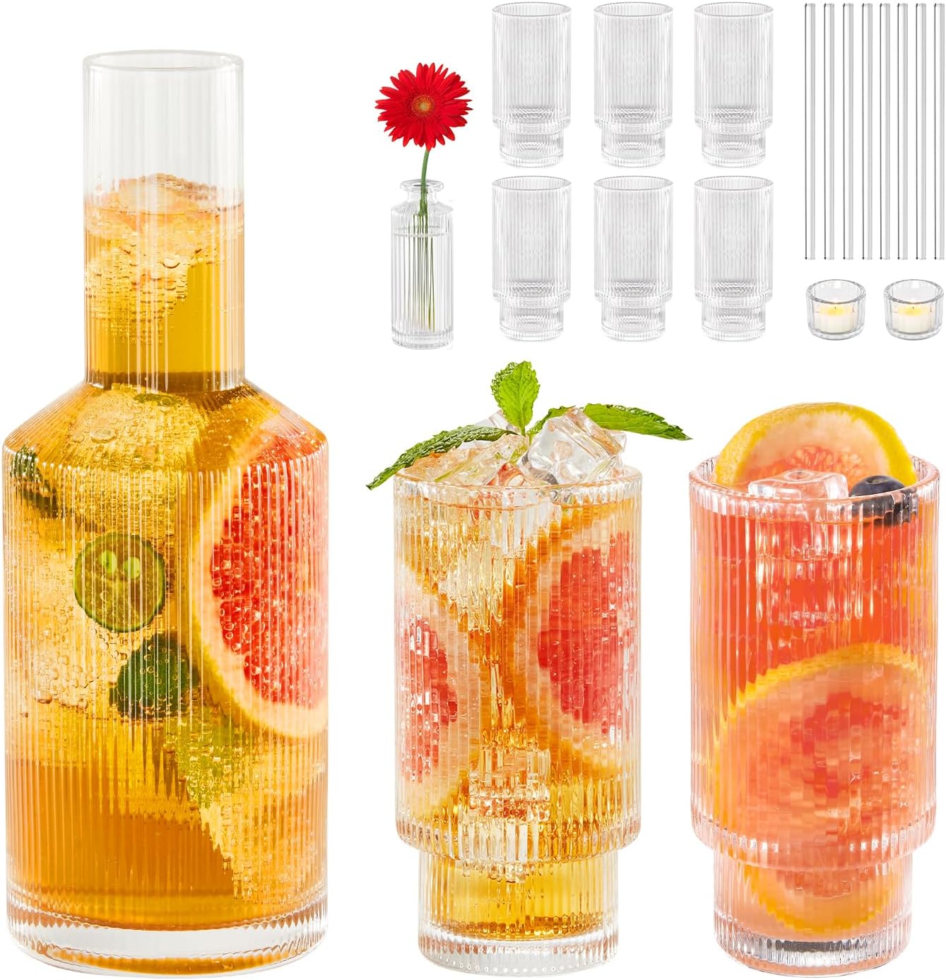 Amazon.com | Drinking Glasses, 8 Glass Cups with Straws & Water Carafe ...