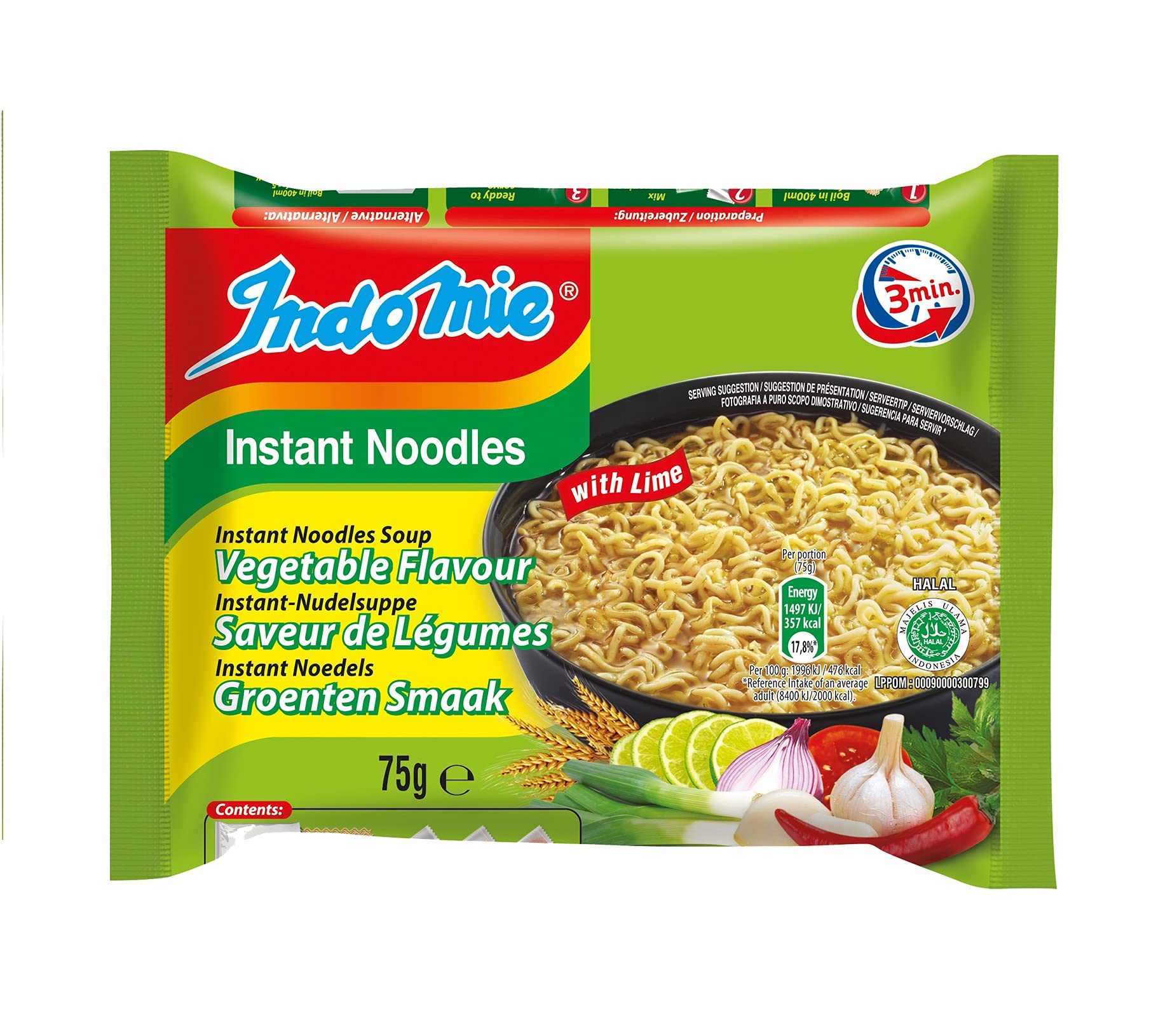 Indomie Instant Noodles Vegetable Flavour with Lime, 75g (Pack of 40 ...