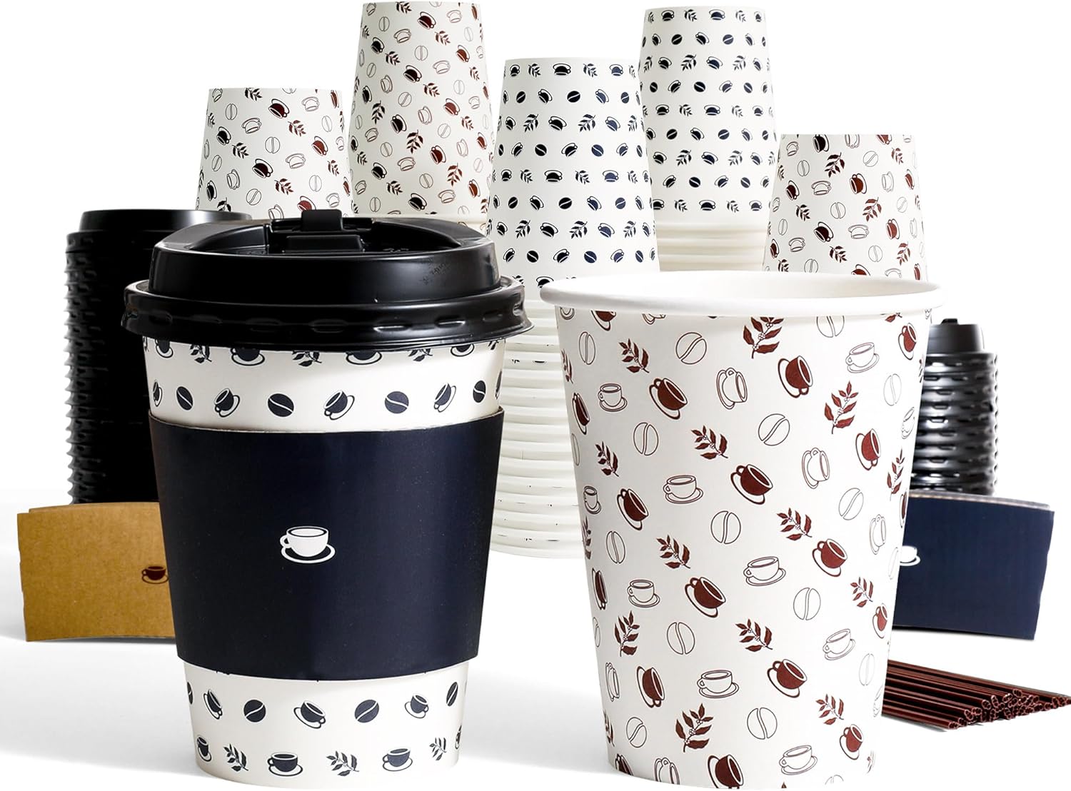 Amazon.com: 12oz To Go Coffee Cups with Lids, Sleeves and Stirrers (100 ...
