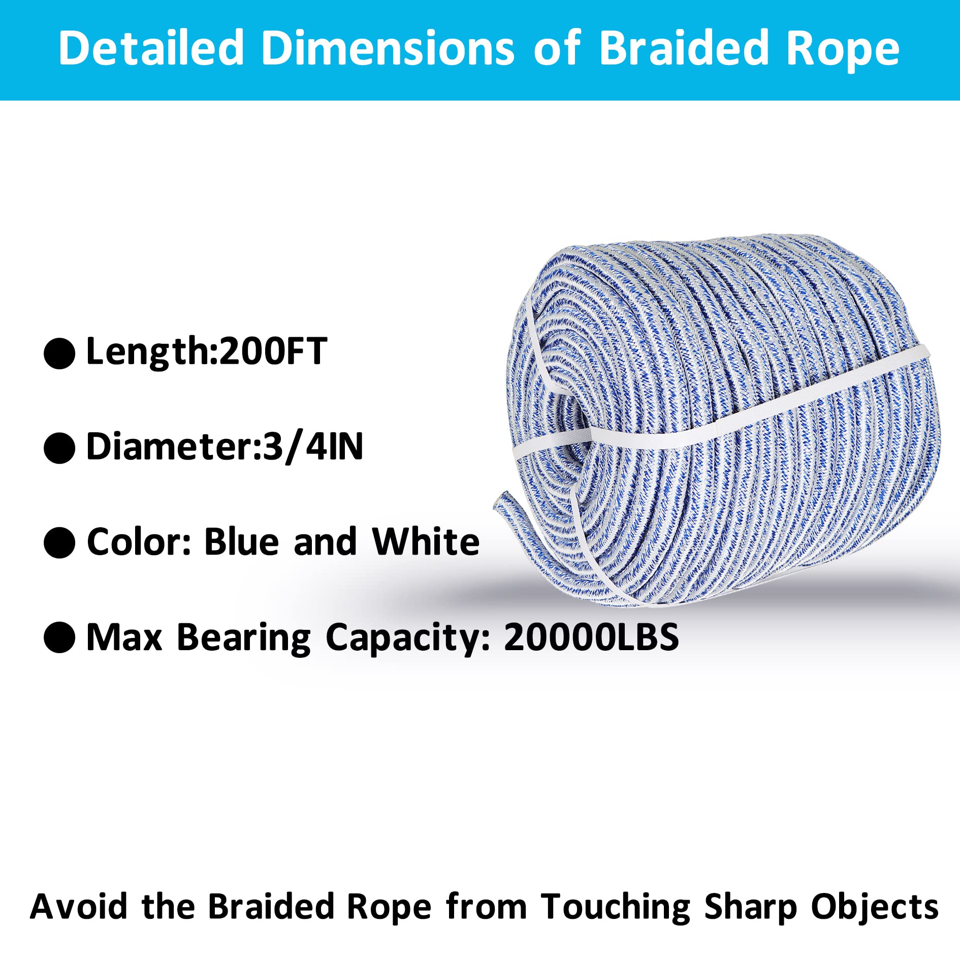 elfinrm Arborist Tree Rope, 3/4inch by 200FT, 24 Strand Bull Rope up to ...