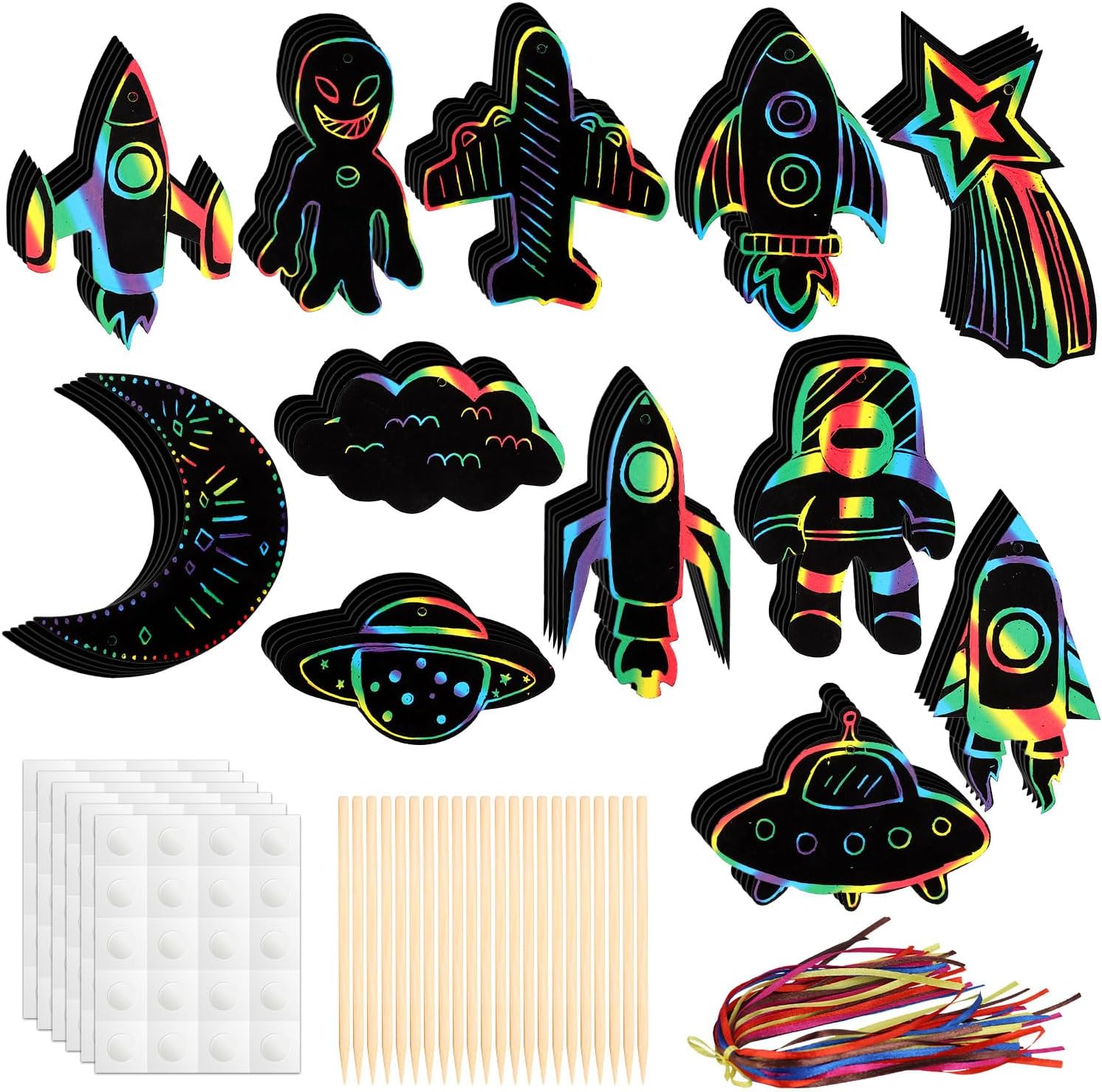 PEUTIER 72pcs Outer Space Rainbow Scratch Cards, Space Scratch Paper ...
