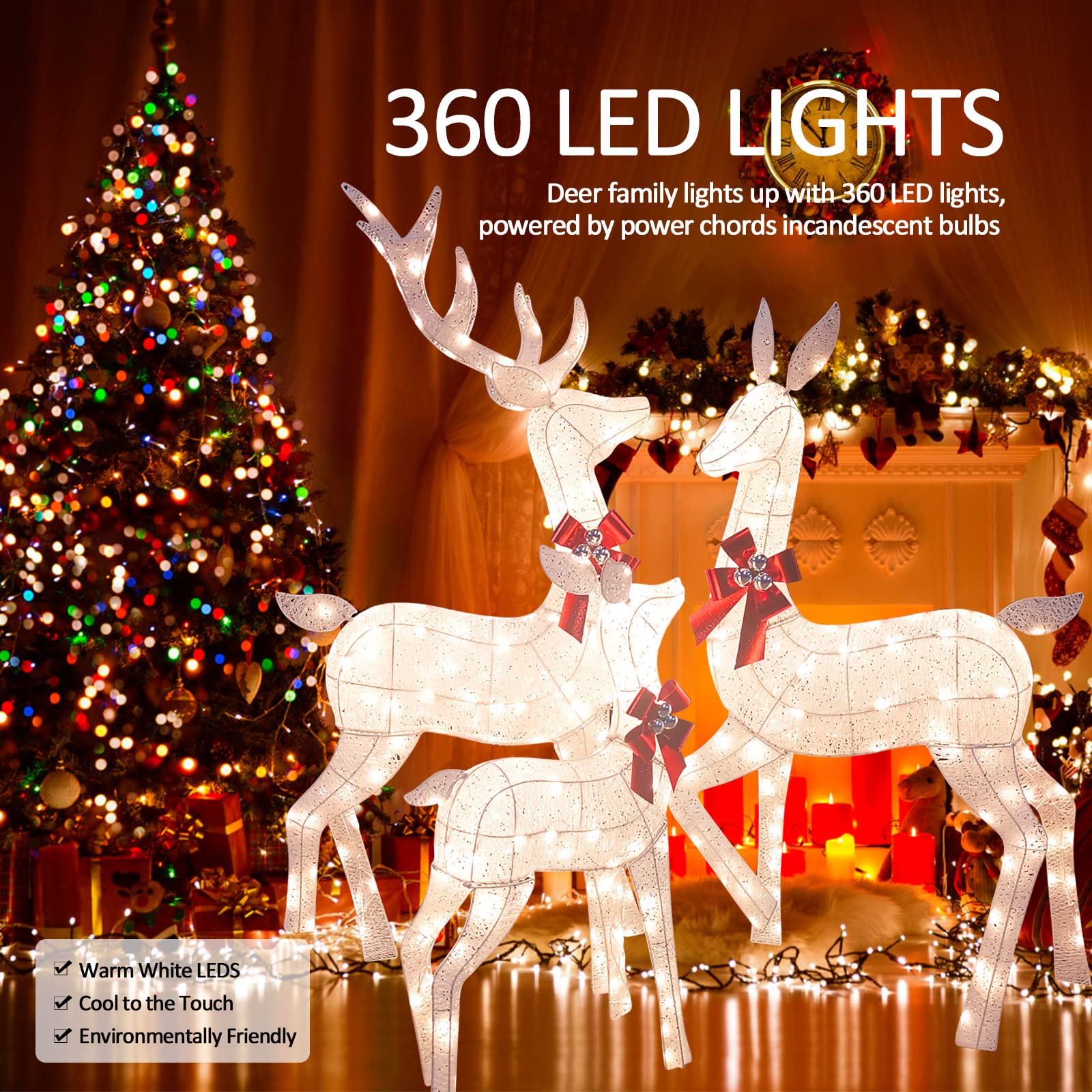 3Pack 5FT Lighted Reindeer Christmas Deer Family Set with Zip Ties, 360 ...
