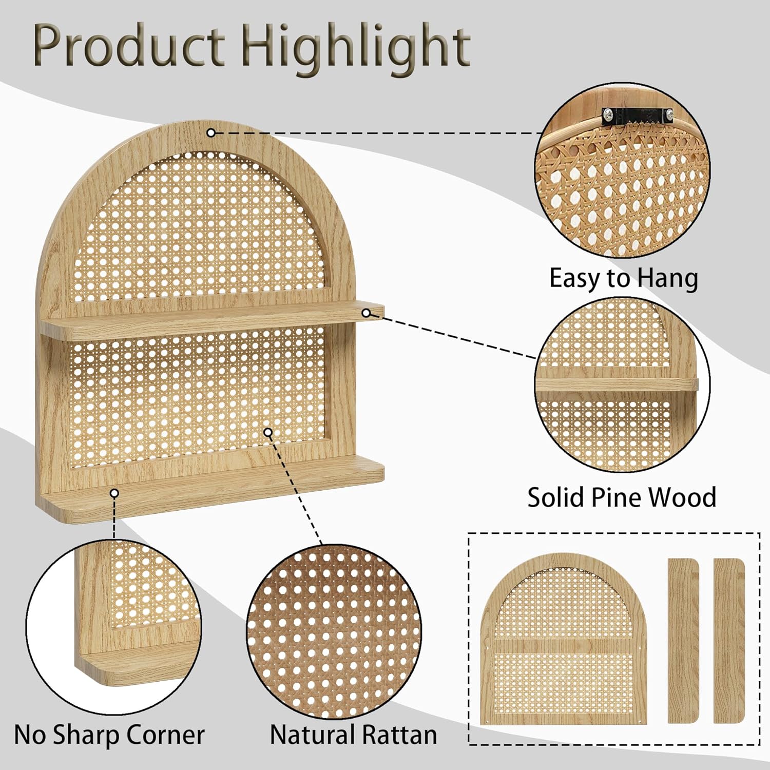 Estante de pared de ratán bohemio de madera, estante flotante de mimbre ...