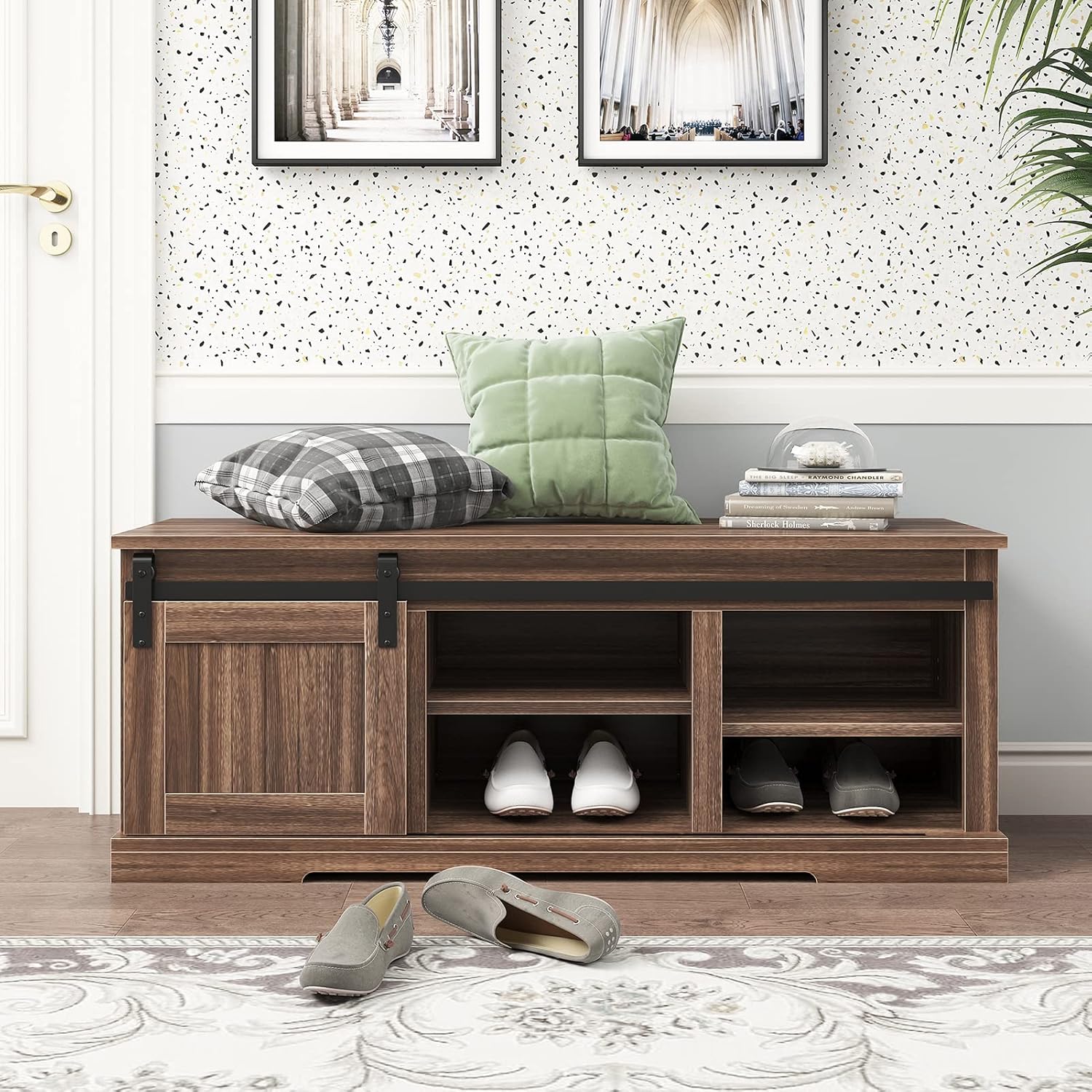 Amazon.com: Farmhouse Shoe Storage Bench, 46.7inch Hallway Bench with a ...