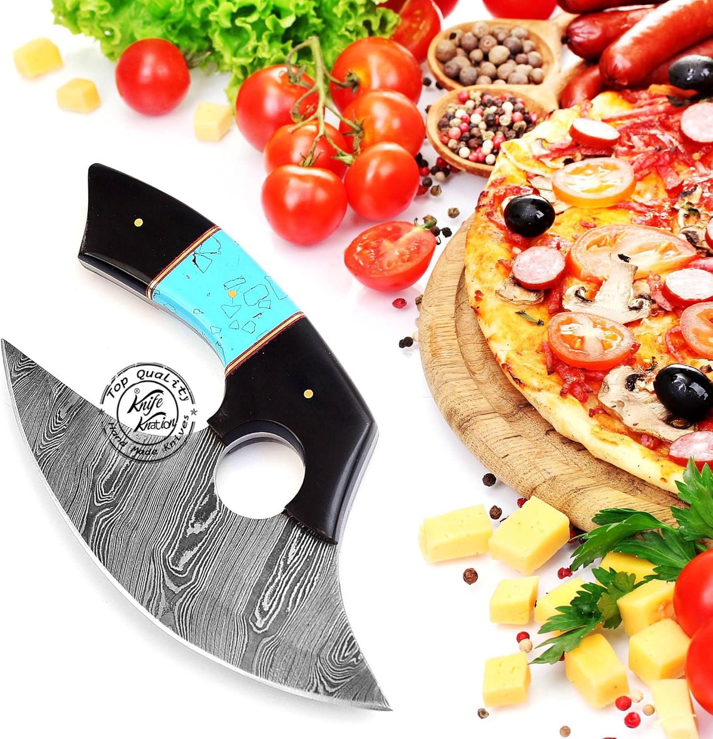 Amazon.com: Buffalo Horn & Turquoise Handmade Damascus Steel Ulu Knife - Alaskan Pizza Cutting ...