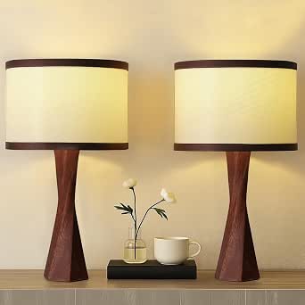 Boho Table Lamp Set of 2 - Wooden Spiral Base & Linen Shade - 3 Color ...