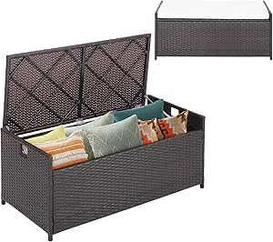 HAPPYGRILL 34 Gallon Patio Storage Bench Deck Box, 3-in-1 Rattan Wicker ...