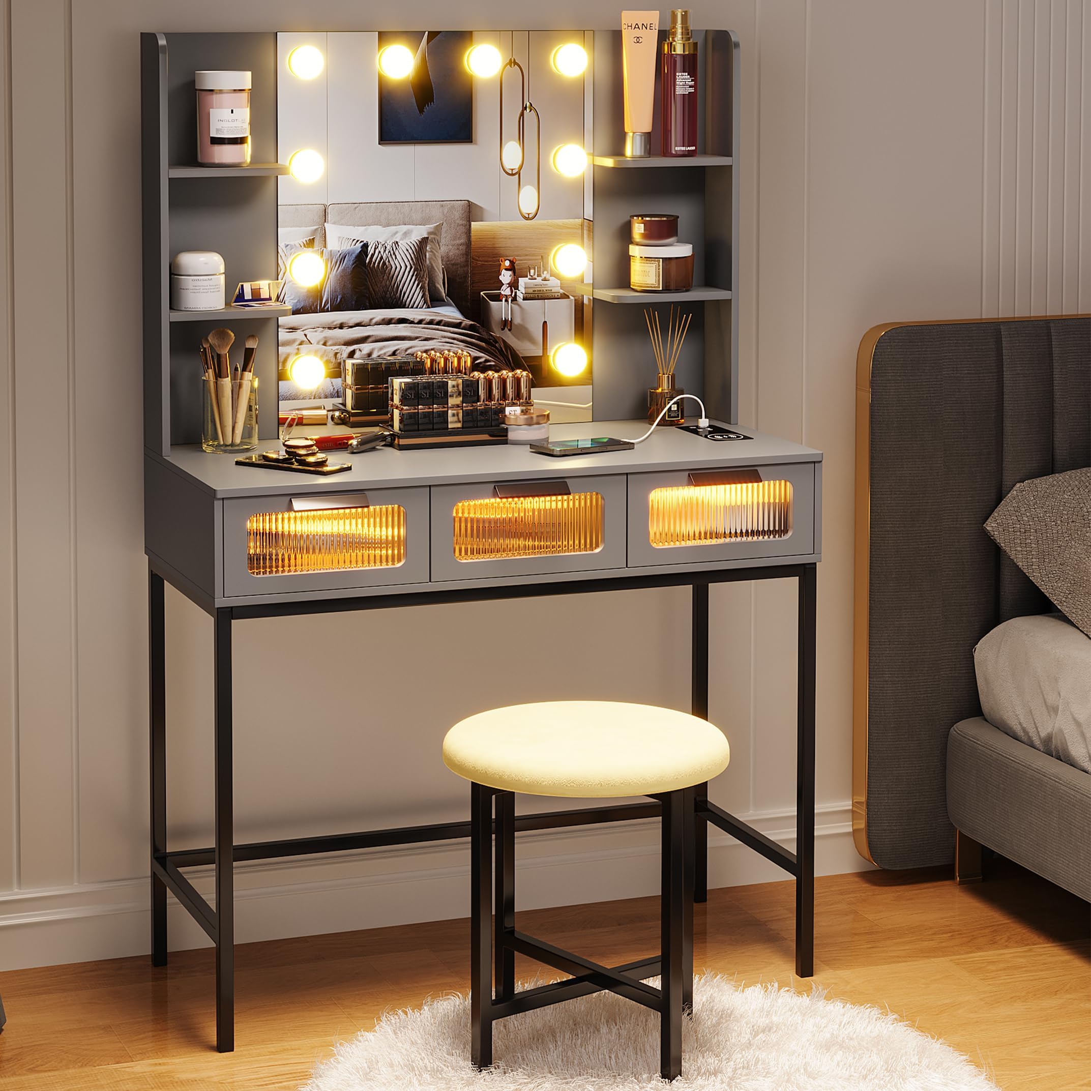 Amazon.com: Vanity Desk, Makeup Vanity Desk with Sliding Mirror and ...