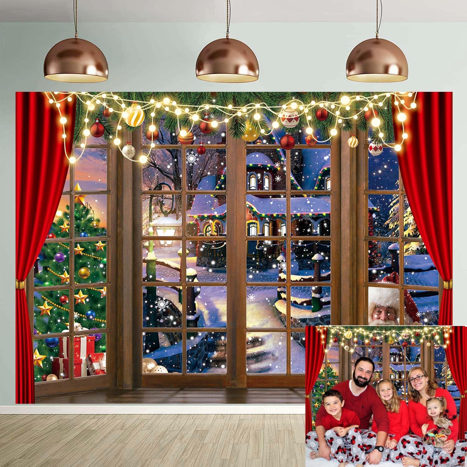 Christmas Winter Backdrop Xmas Tree Santa Claus Retro Window ...