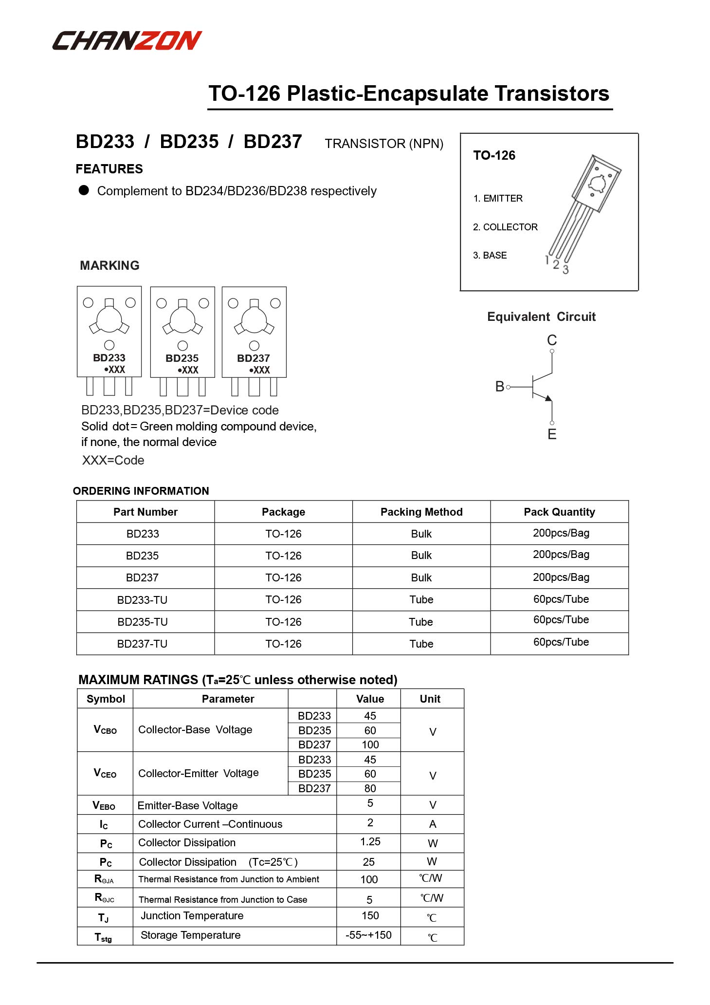 Snapklik.com : Chanzon BD237 TO-126 NPN Power BJT Bipolar Junction Transistor, Medium Power ...