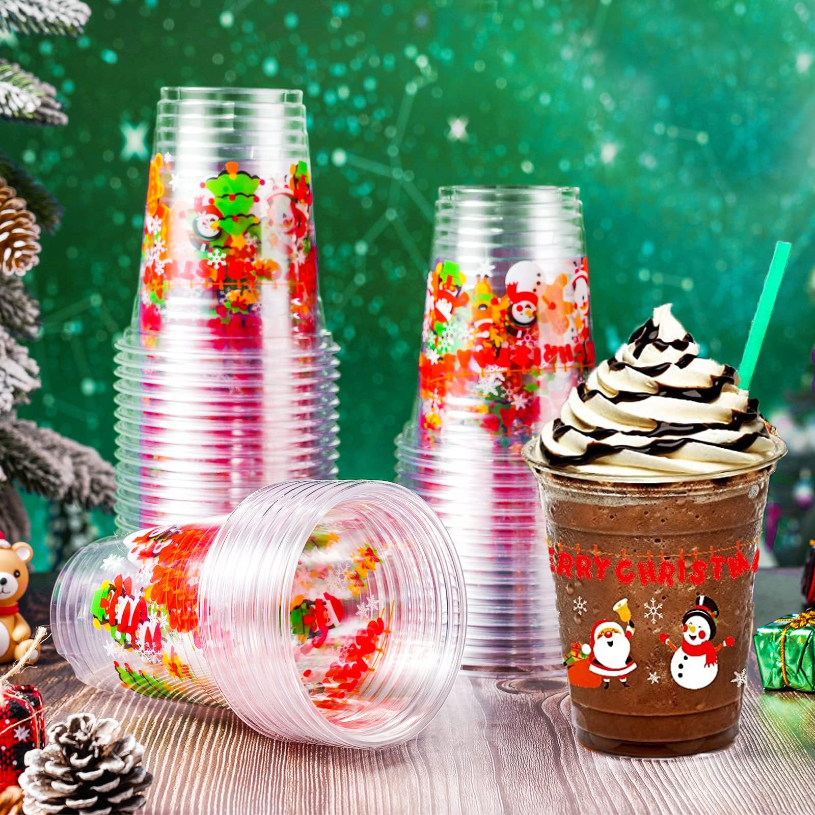 Amazon.com: Zhehao 100 Set 12 oz Christmas Plastic Cups with Lids and ...