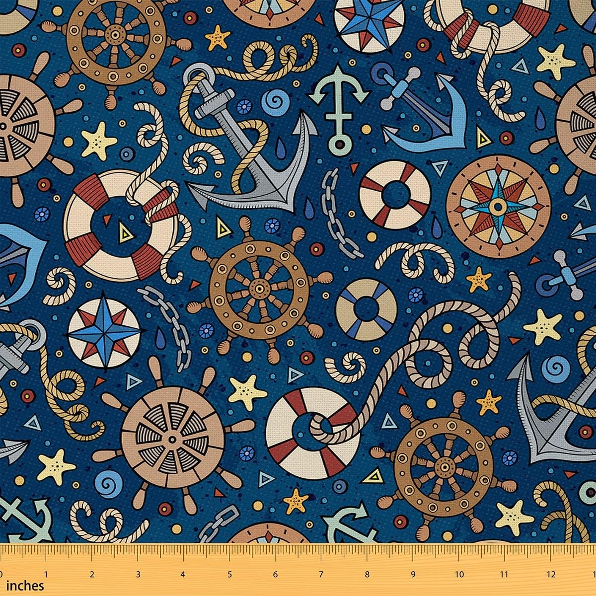 Nautical Theme Outdoor Fabric by The Yard,Graffiti Anchor Compass ...
