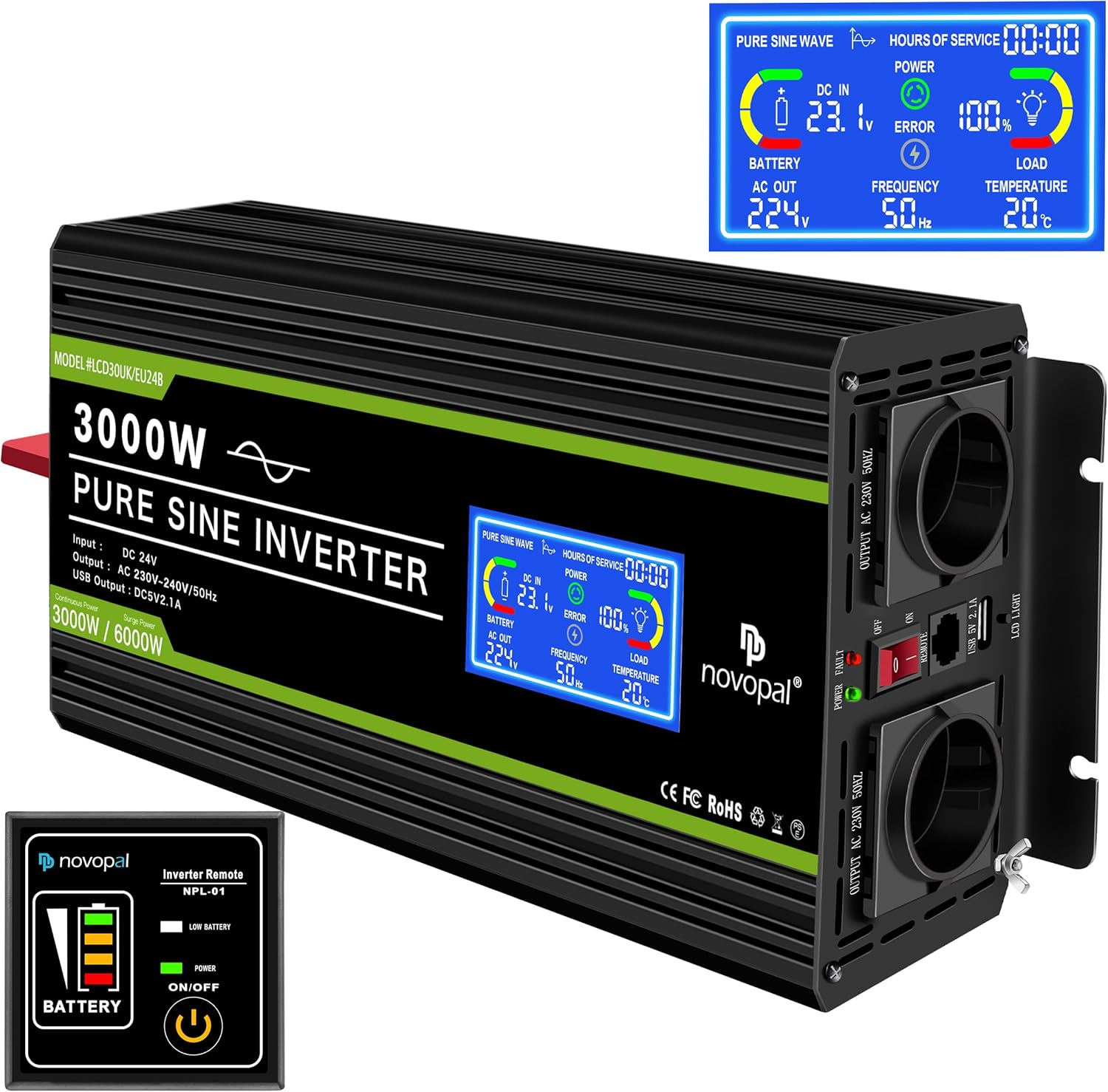 NOVOPAL Pure Sinus 3000 W Inverter 24 V 220 V 230 V with Remote Control ...