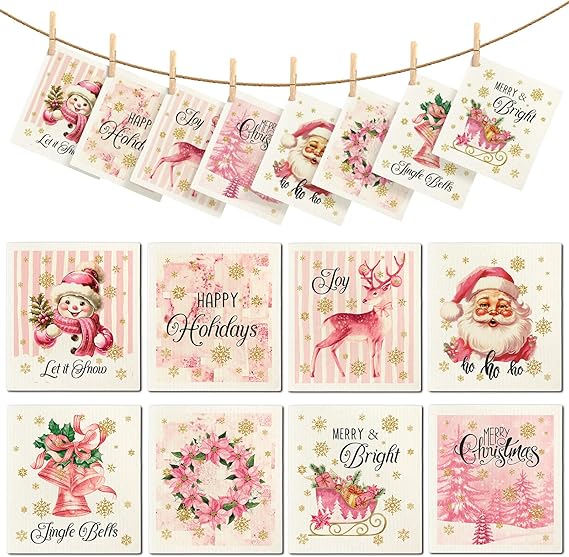 Amazon.com: CHENGU 8 Pcs Christmas Swedish Kitchen Dishcloths Pink ...