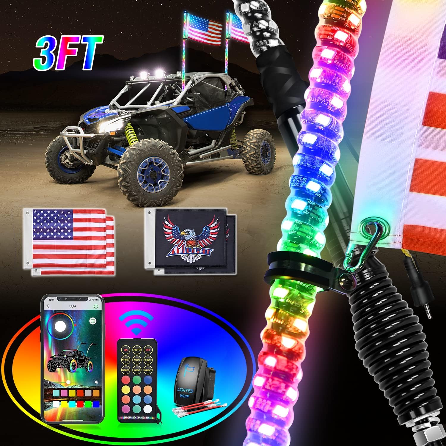 Nilight 2PCS 3FT RGB LED Whip Light with Spring Base Remote App Control ...