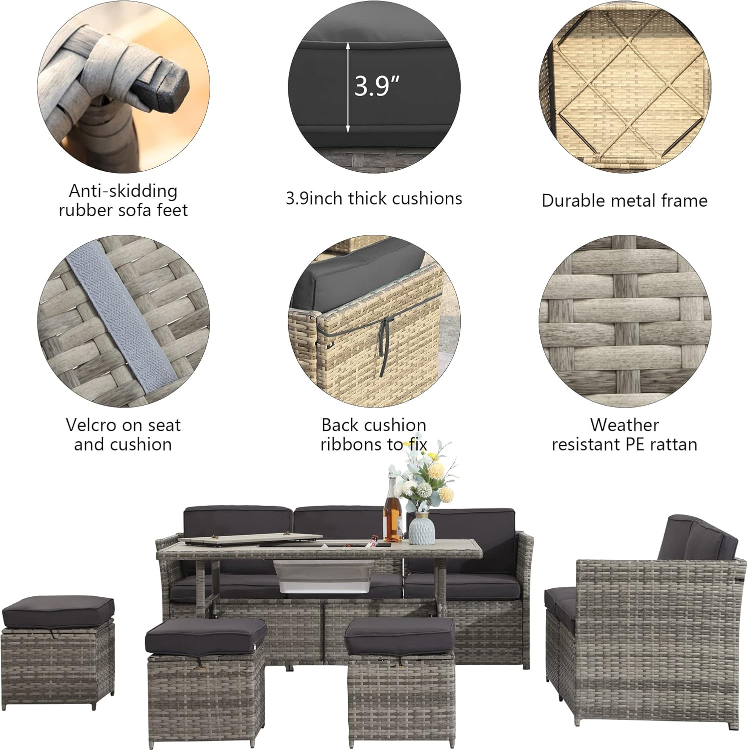 KIGOTY Juego de muebles de patio, 9 piezas de sofá seccional al aire libre y mesa de comedor con ...