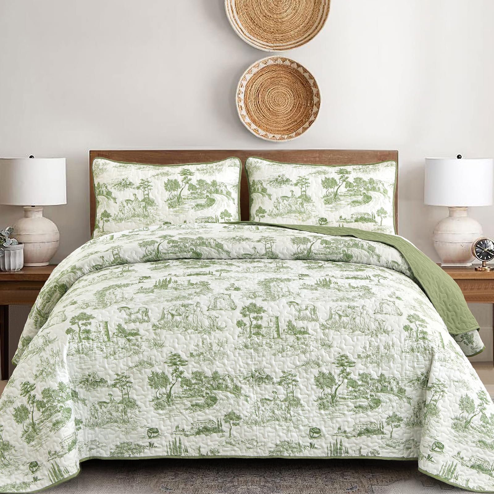 Amazon.com: Drucon Sage Green Farmhouse Quilt Set Queen Size, Toile ...