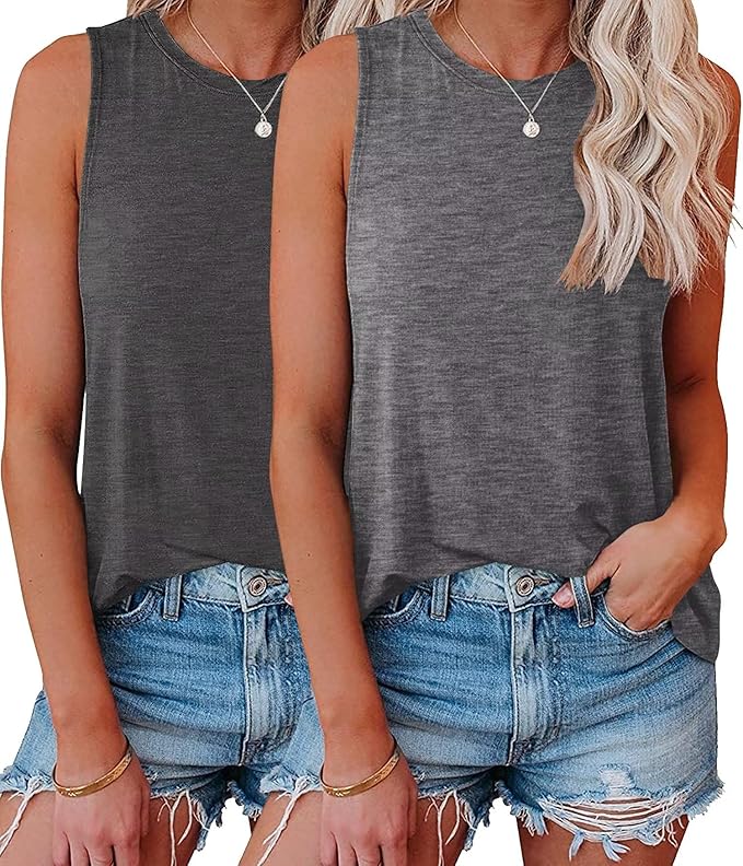 KKJ 2 Pack Womens Tank Tops Crew Neck Sleeveless Summer Cute Tops Loose ...