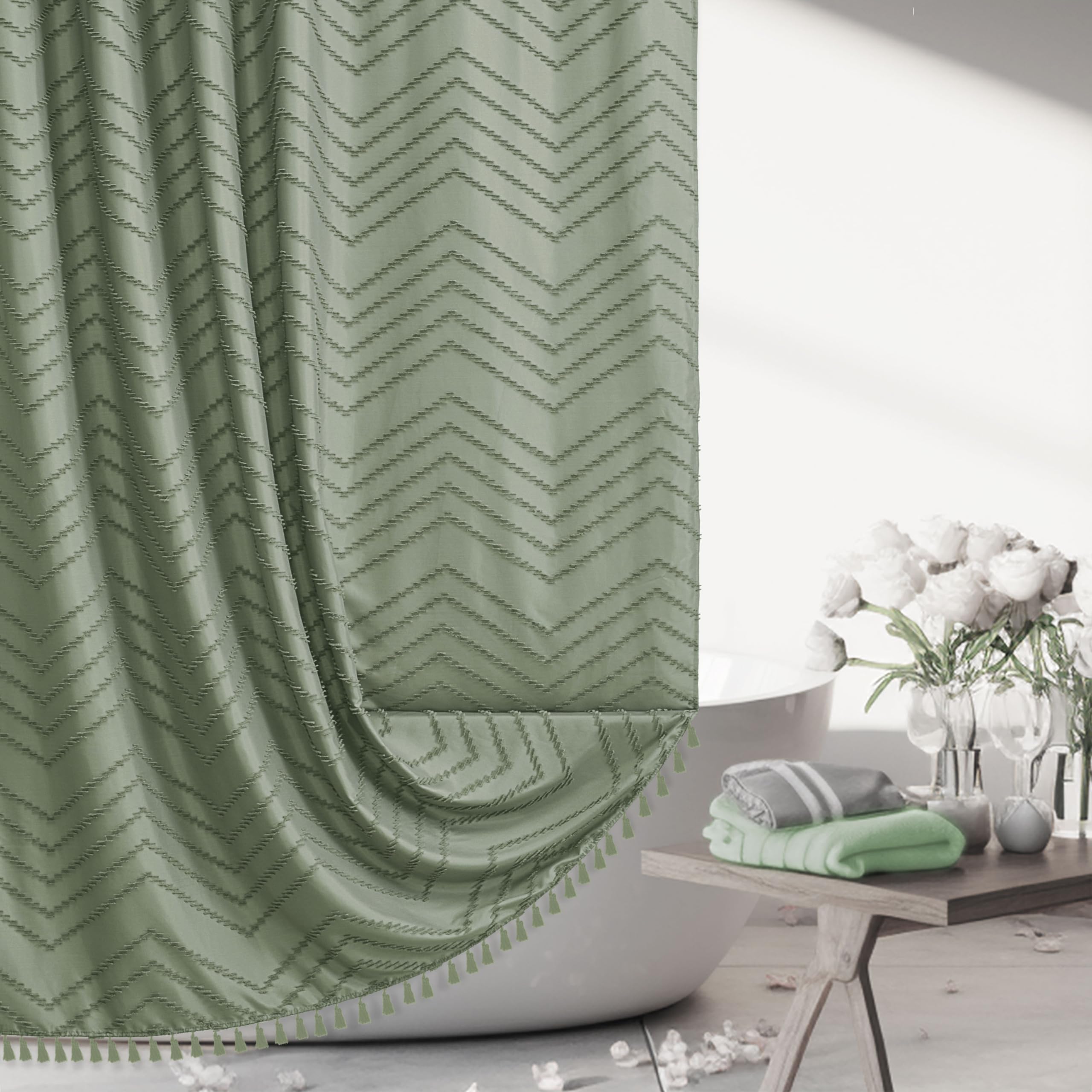 Amazon.com: Boho Shower Curtain with Tassel Woven Fabric Sage Green ...