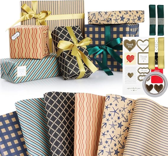 Hianjoo 6 Sheets Gift Wrapping Paper, 20x28 inch Recyclable Kraft Gift ...