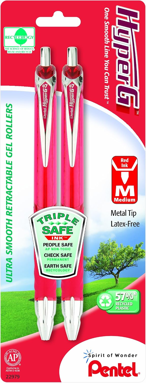 Pentel HyperG Retractable Gel Roller Pen, 0.7mm, Permanent Red Ink, 2 ...