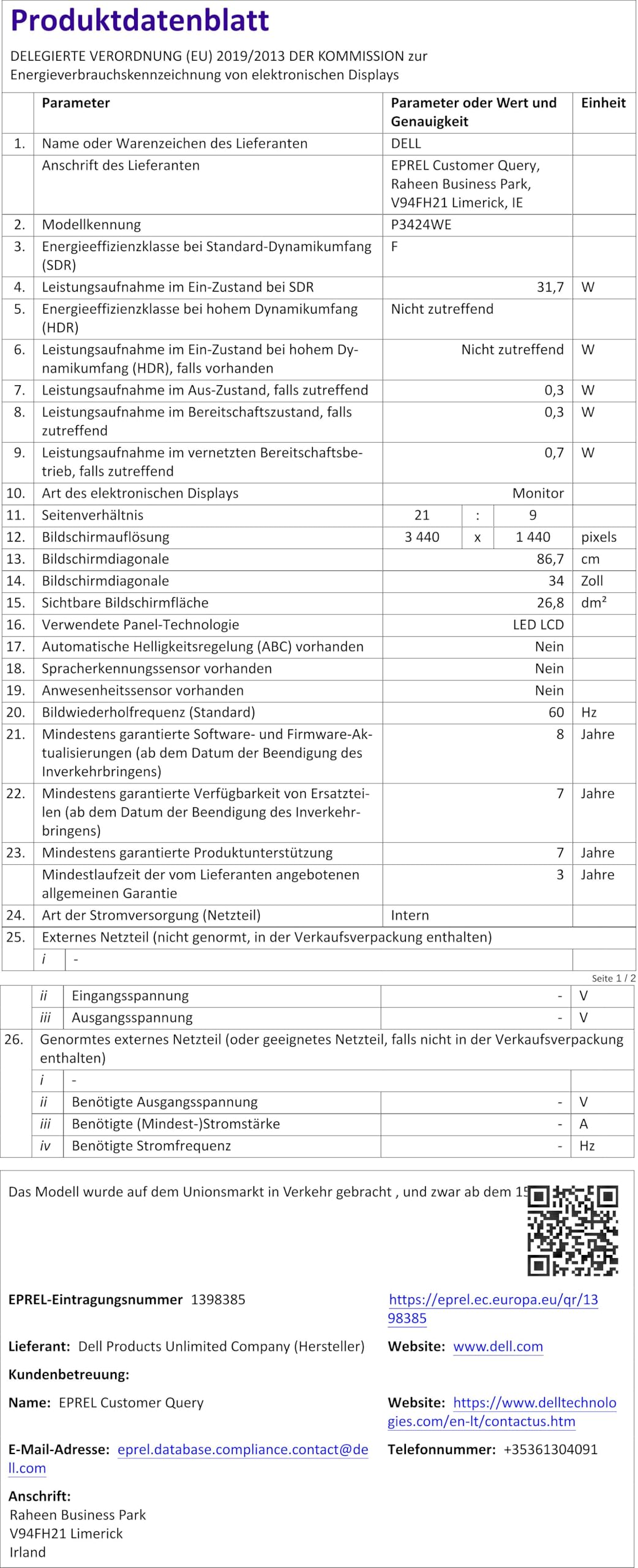 Dell P3424WE USB-C 34 Zoll WQHD 21:9 3800R Curved Monitor, 60Hz, IPS ...