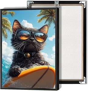 Amazon.com: Cute Cat Surf Beach Canvas Wall Art Summer Black Cat ...