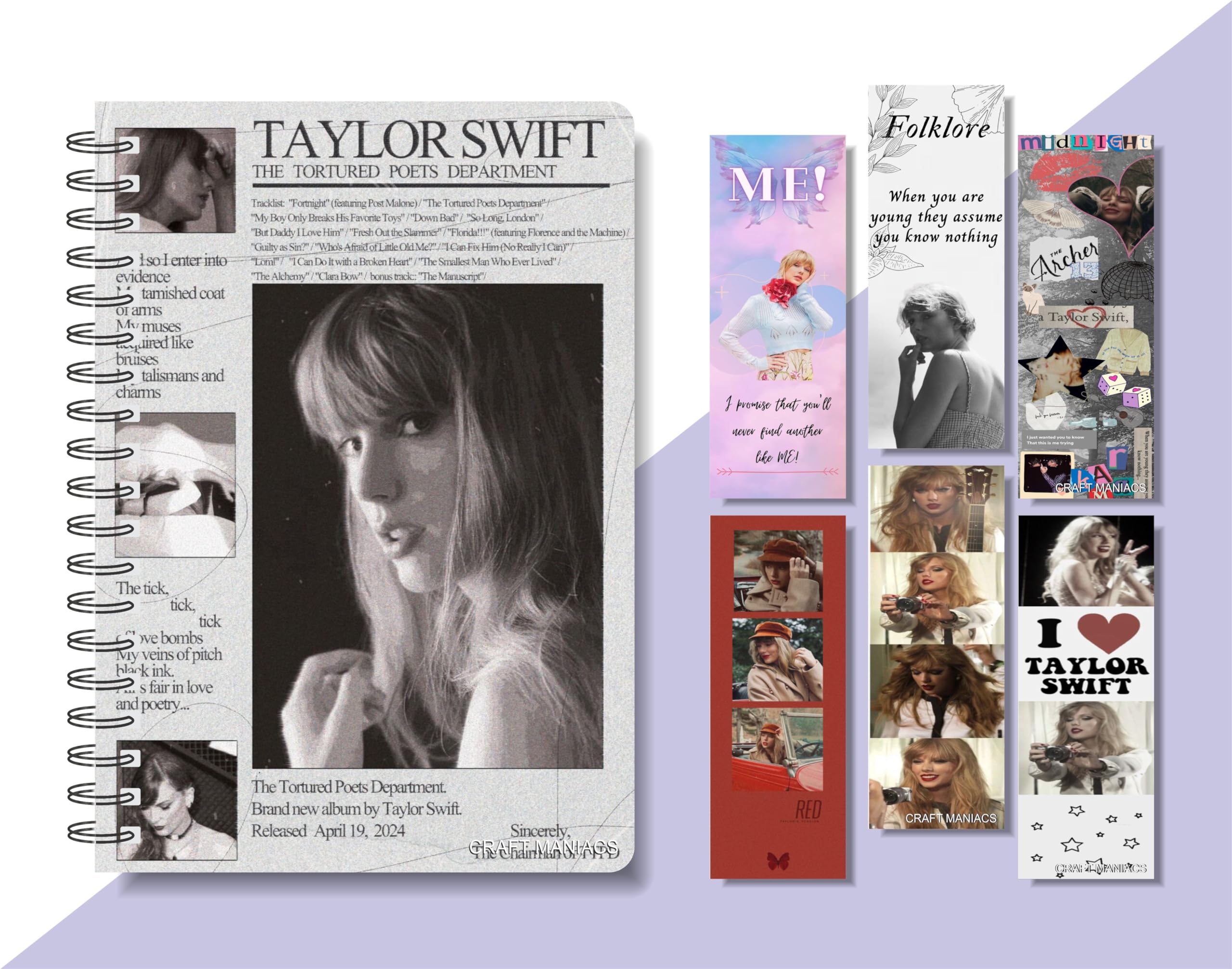 CRAFT MANIACS SWIFTY TAYLOR TORTURED POET DEPARTMENT A5 160 RULED PAGES ...