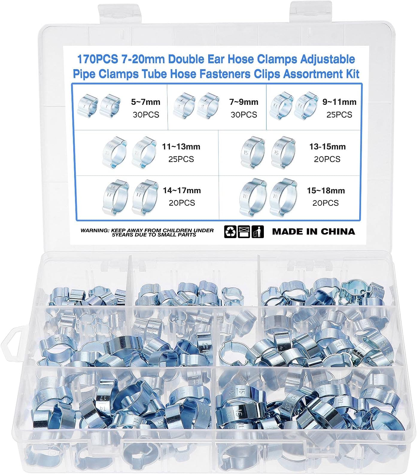 WiMas 140PCS 5-18mm Adjustable Double Ear Hose Clamps, O Clips Pipe ...