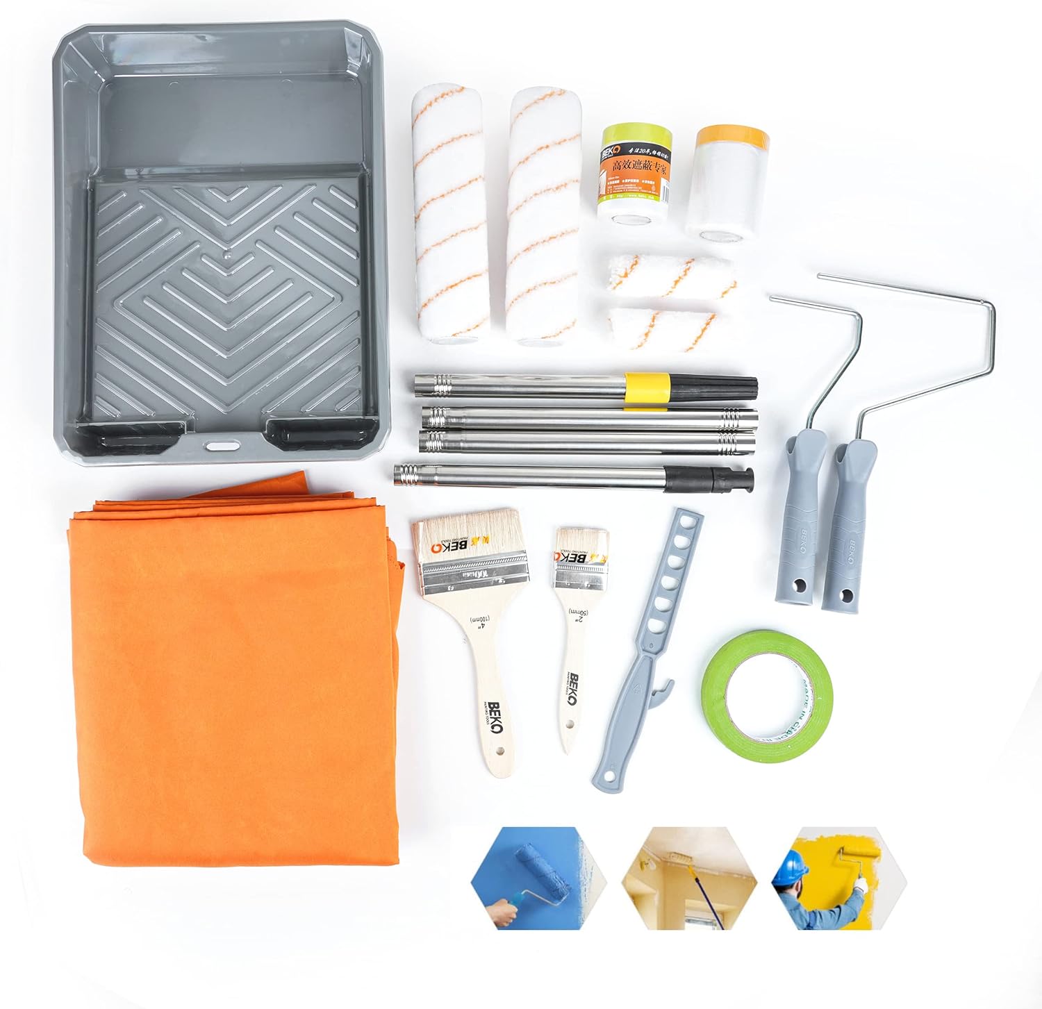 15 Pack Paint Roller Set with Tray,50-inch Paint Roller Extension Pole ...