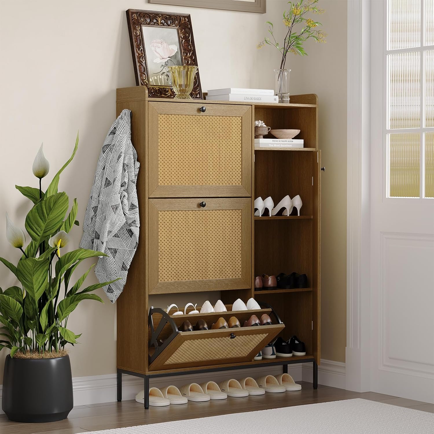 Shoe Cabinet with 3 Flip Drawers, Rattan Freestanding Organizer with ...