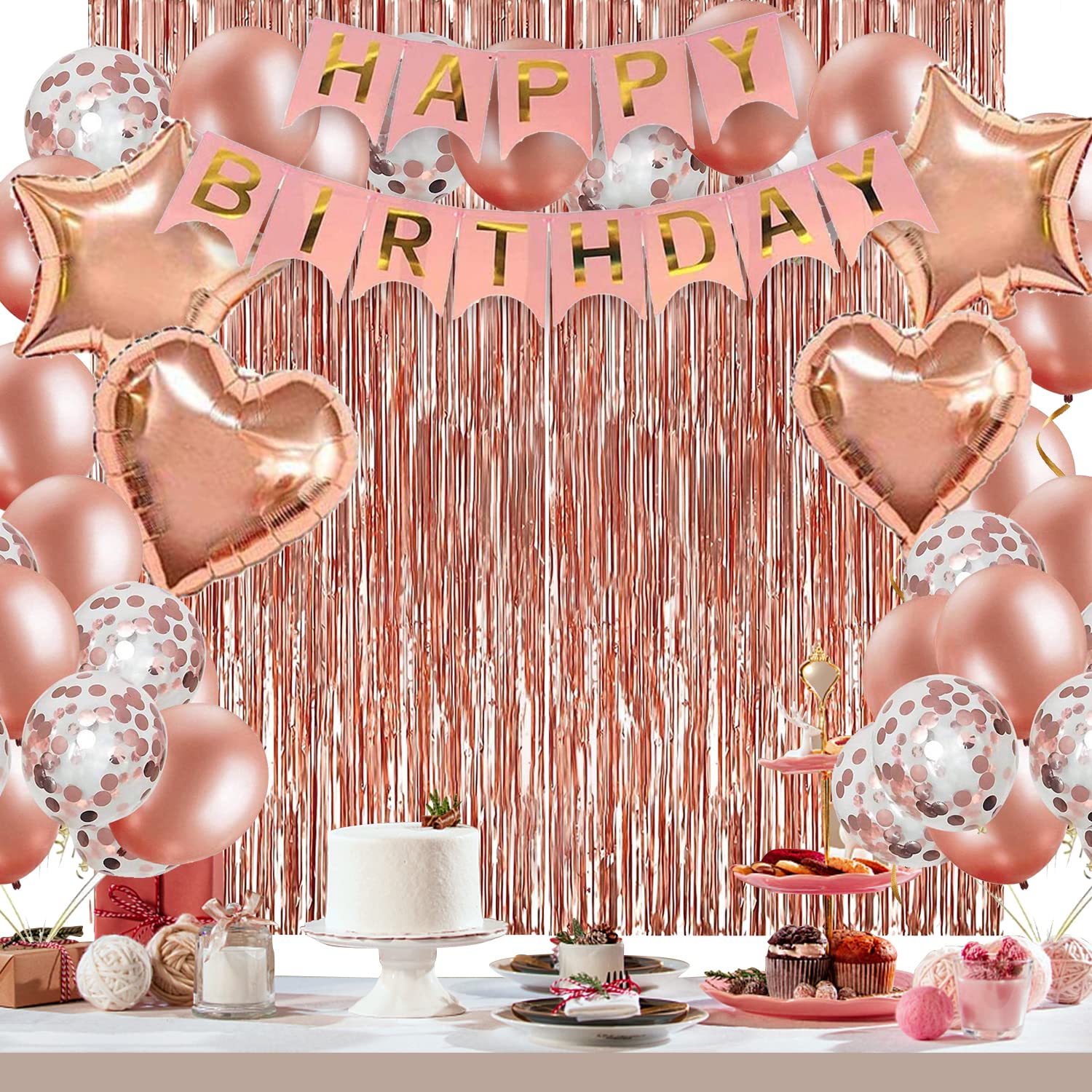 Rose Gold Birthday Decorations, Happy Birthday Banner, Rose Gold Fringe ...