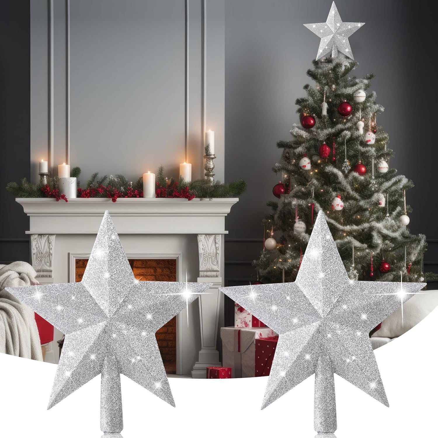 Amazon.com: Riakrum 2 Pcs 8'' Christmas Glitter Star Tree Topper Large ...