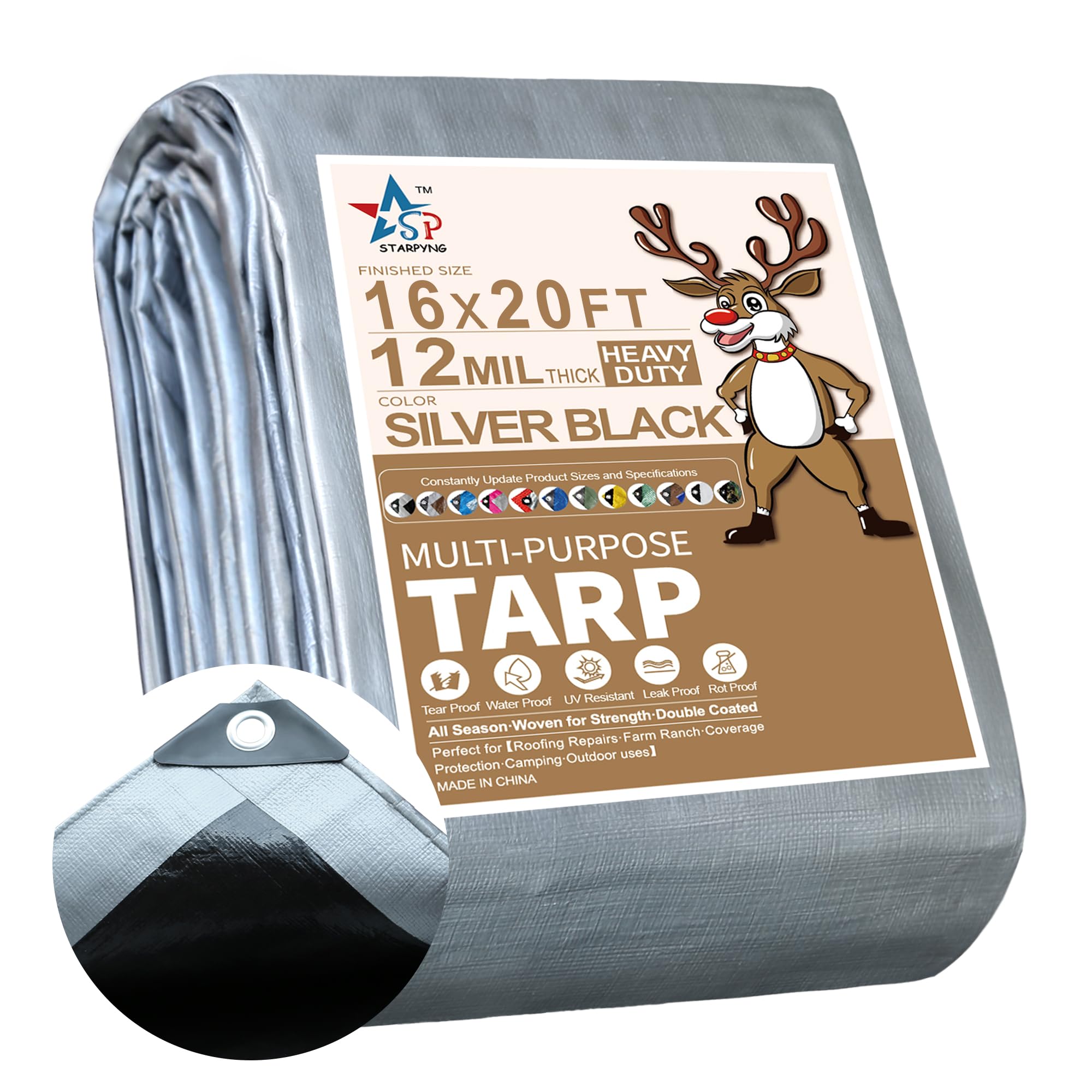 STARPYNG-12 Mil Silver/Black 16x20 Feet Tarp-Heavy Duty Poly Tarp-Cover ...