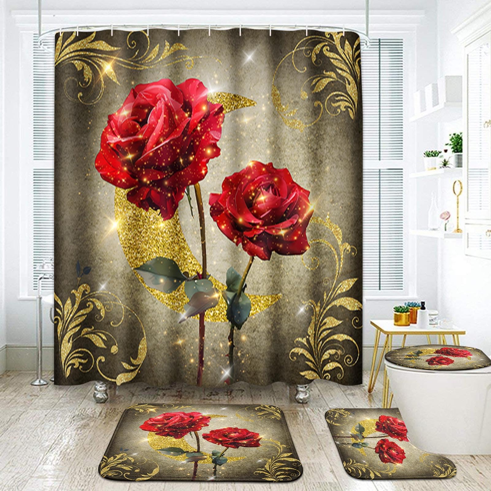 Amazon.com: ArtSocket Gold Red Rose Floral Bathroom Set with Shower ...