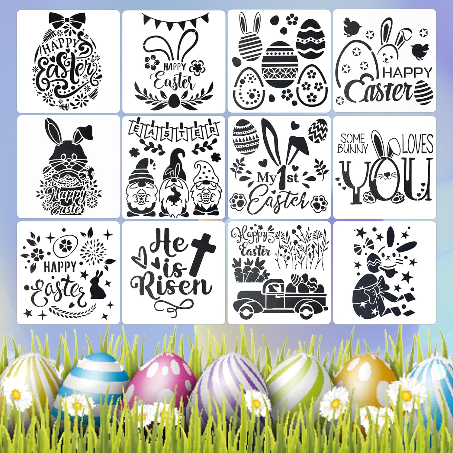 12 Pcs Easter Stencil Reusable Easter Bunny Spray Stencils Painting ...