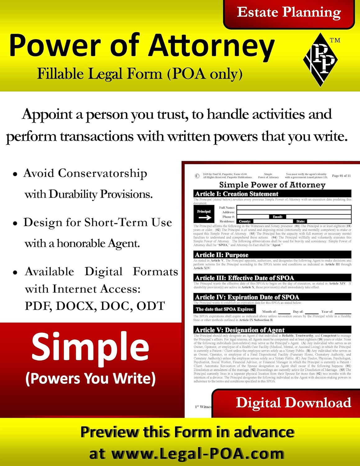 Simple Power of Attorney: Fillable Legal Form ( POA Only ) (Estate ...