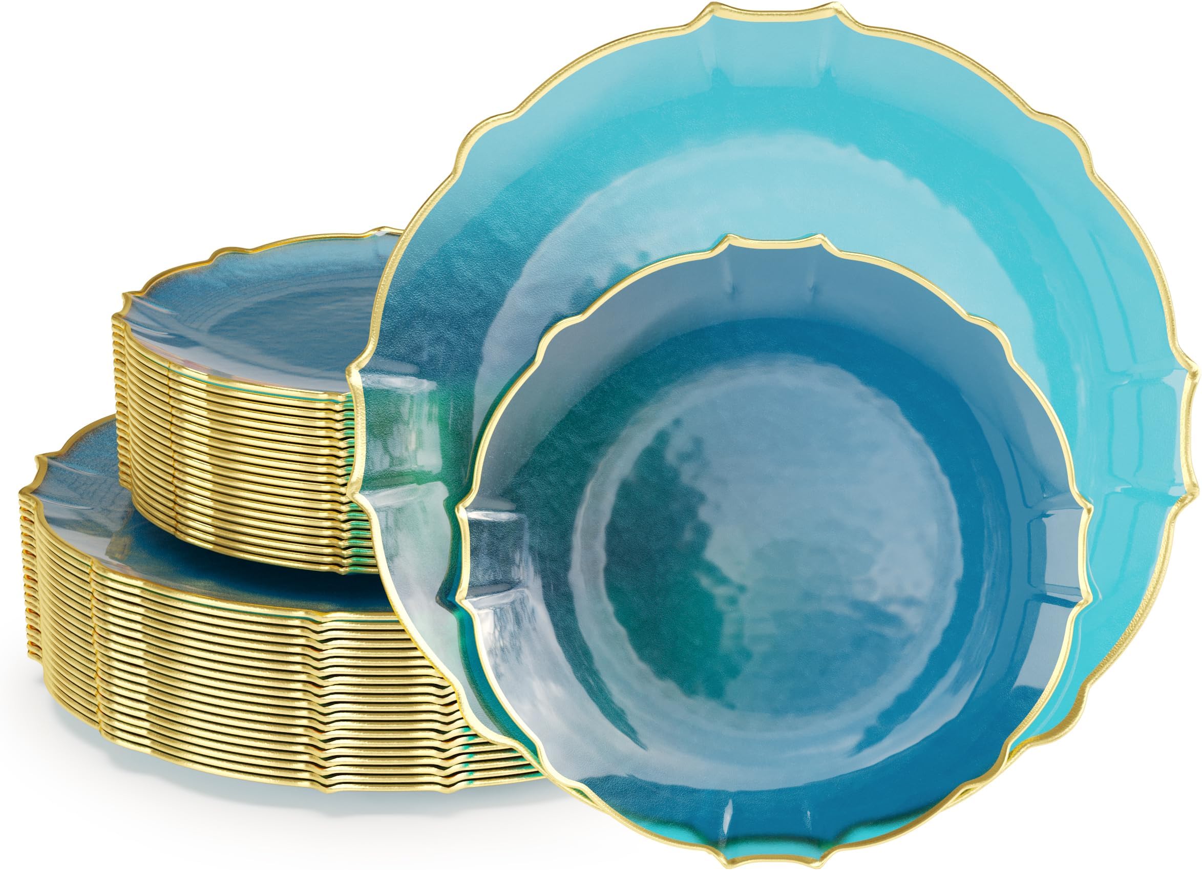 Amazon.com: Nervure 100PCS Teal Plastic Plates With Gold Rim & Gold ...